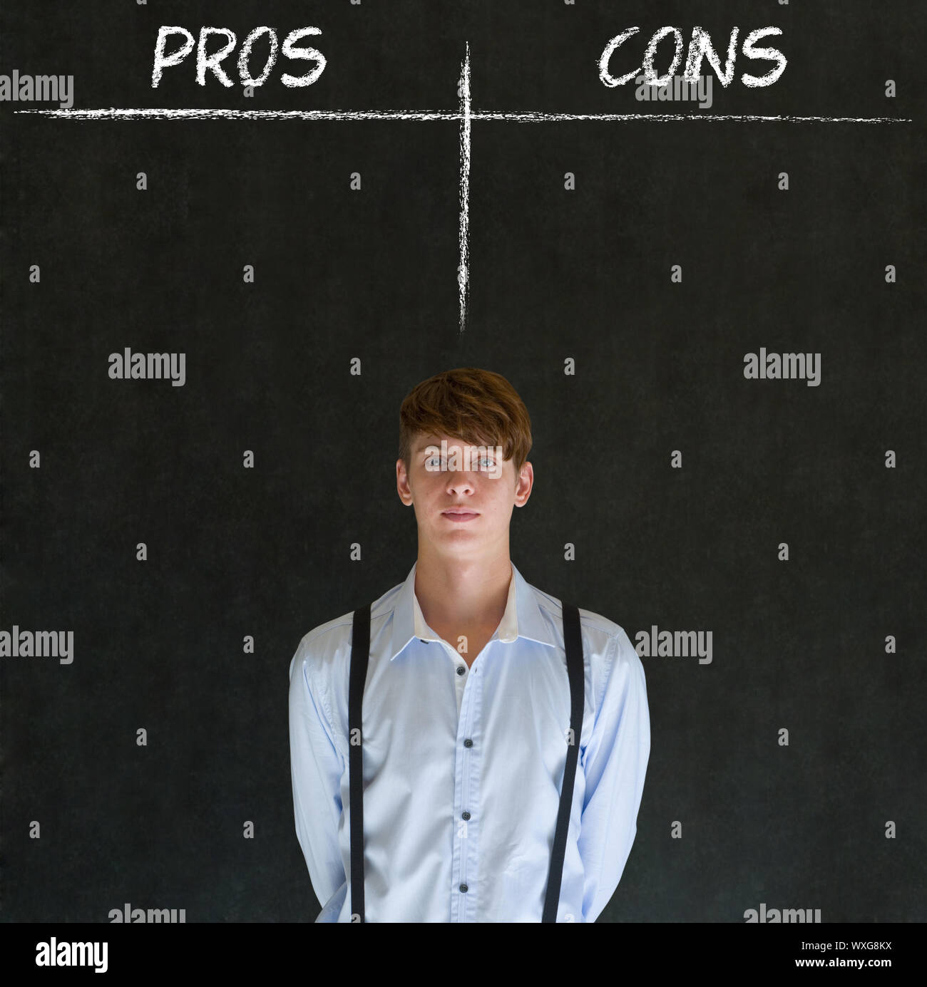 Businessman, student or teacher thinking pros and cons decision list ...