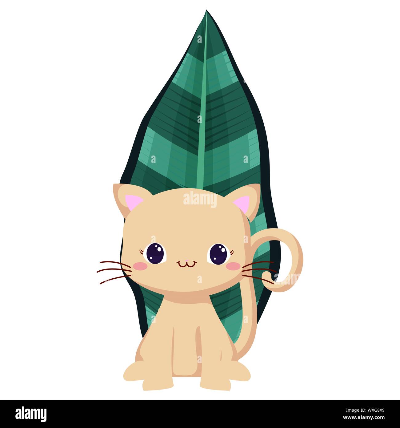 cute cat over tropical leaves background, colorful design, vector ...