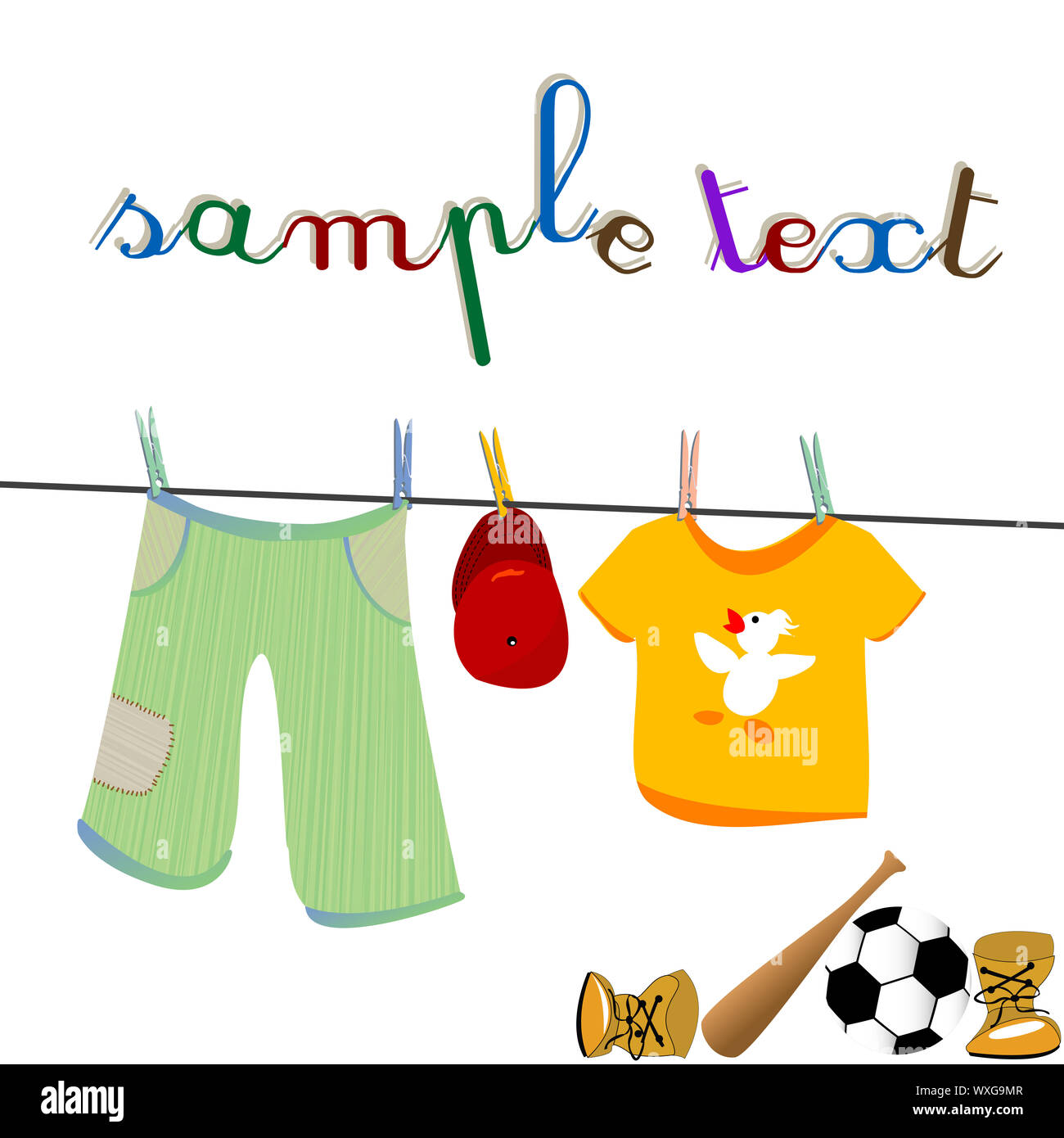 Little boy clothes on clothesline and toys Stock Photo - Alamy