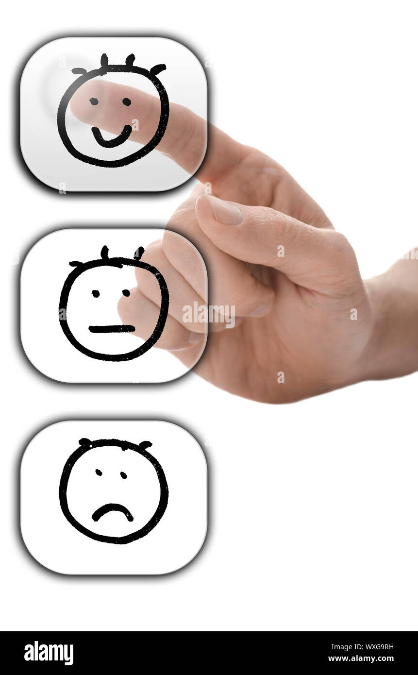 Male hand choosing smiley face on customer satisfaction form on virtual ...