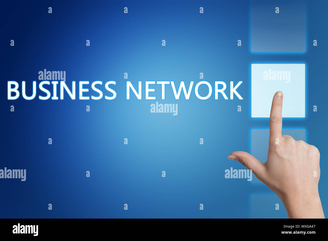 Business concept: hand pressing business network button on a touch ...