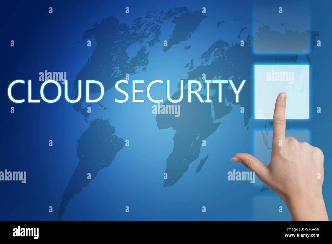 Cloud computing technology, networking concept: words cloud security on digital world map ...