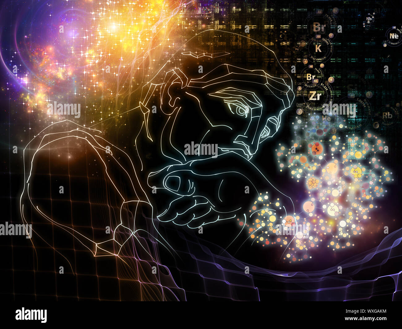 Inner Colors series. Interplay of sketch of Rodin's Thinker and ...