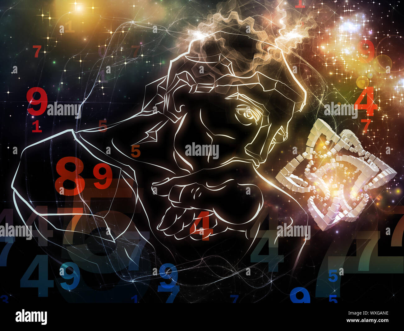 Inner Colors series. Abstract design made of sketch of Rodin's Thinker ...