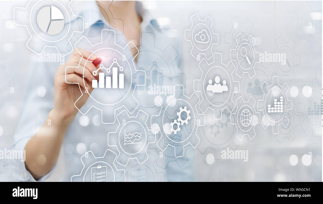 Business process abstract diagram with gears and icons. Workflow and ...