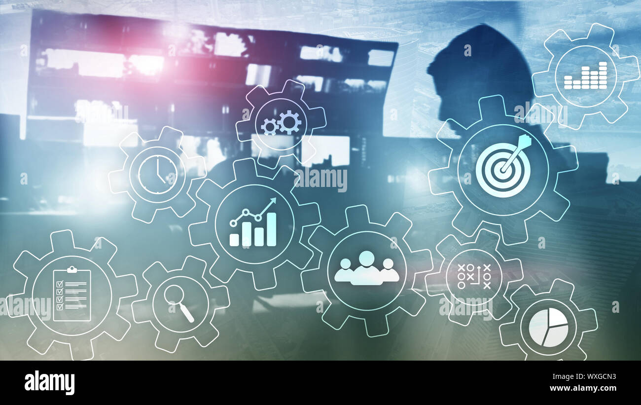 Business process automation concept. Gears and icons on abstract ...