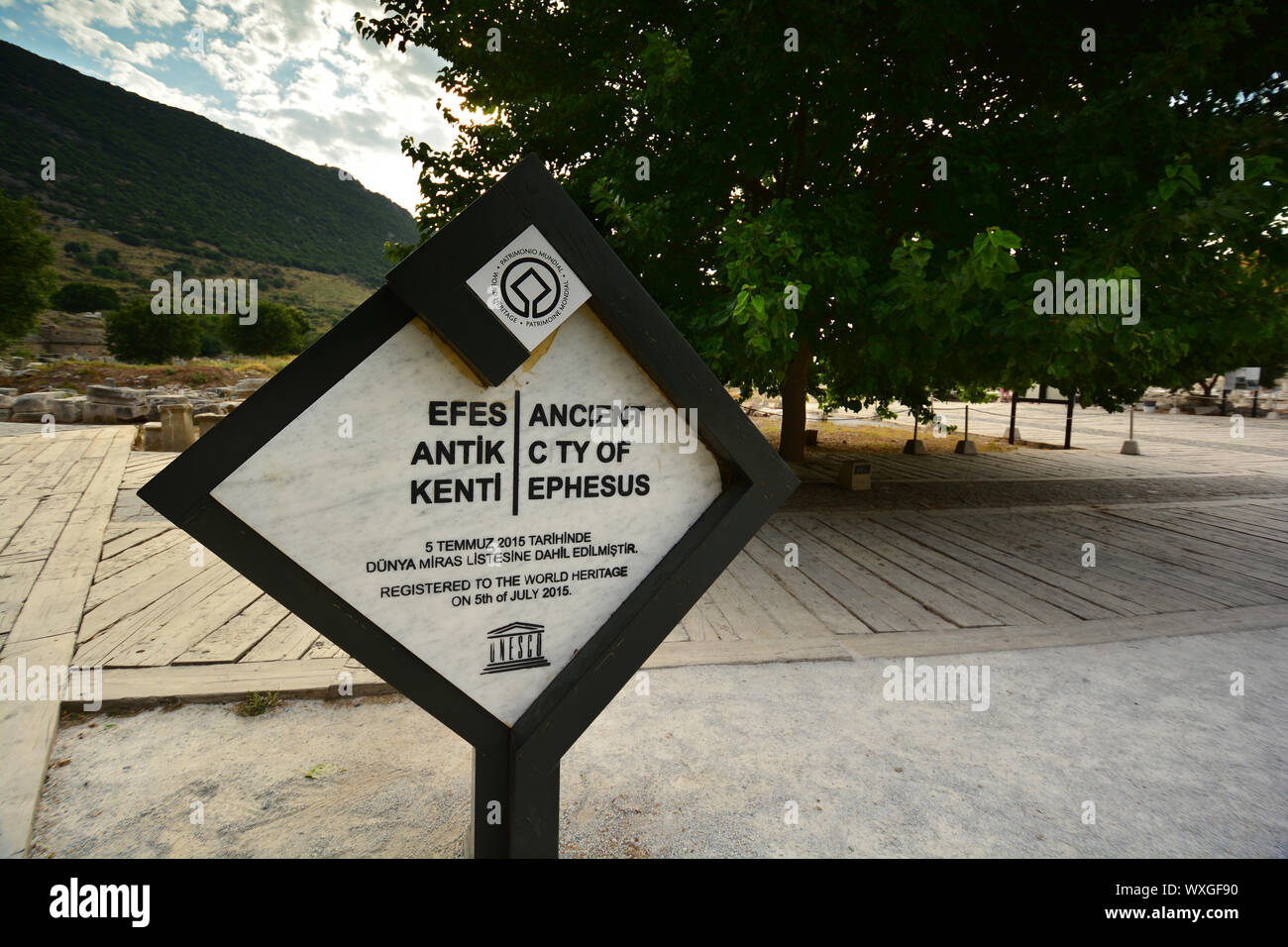 Unesco World Heritage sign at Ephesus Ancient City. Turkey Stock Photo ...