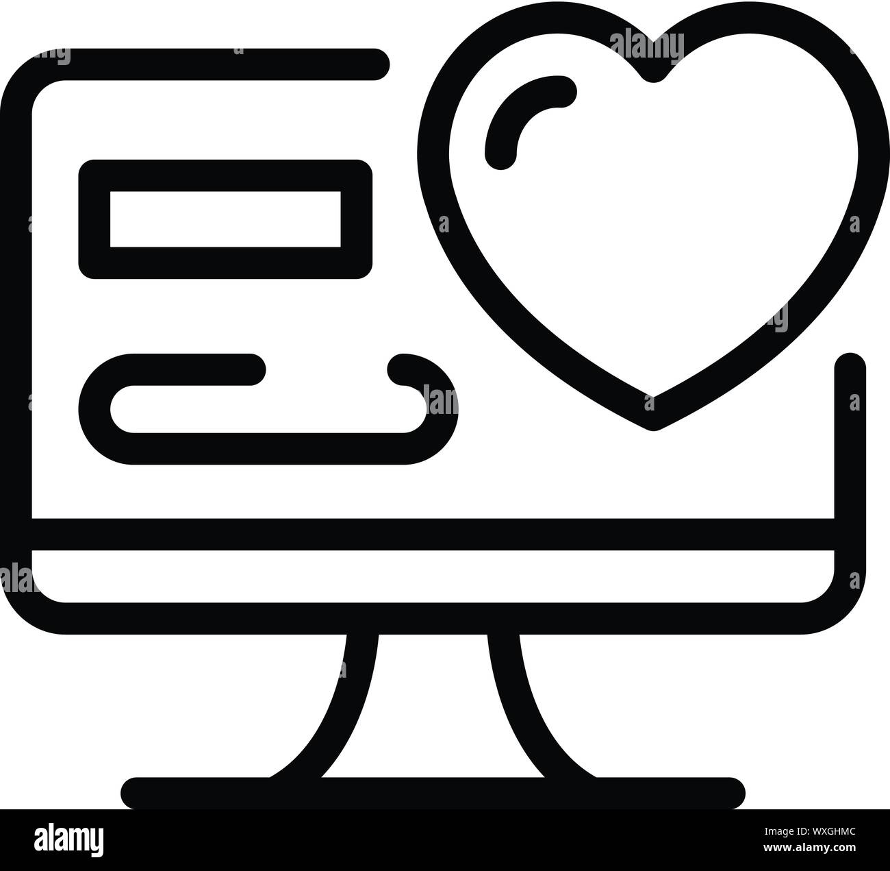 Computer and heart icon. Outline computer and heart vector icon for web ...