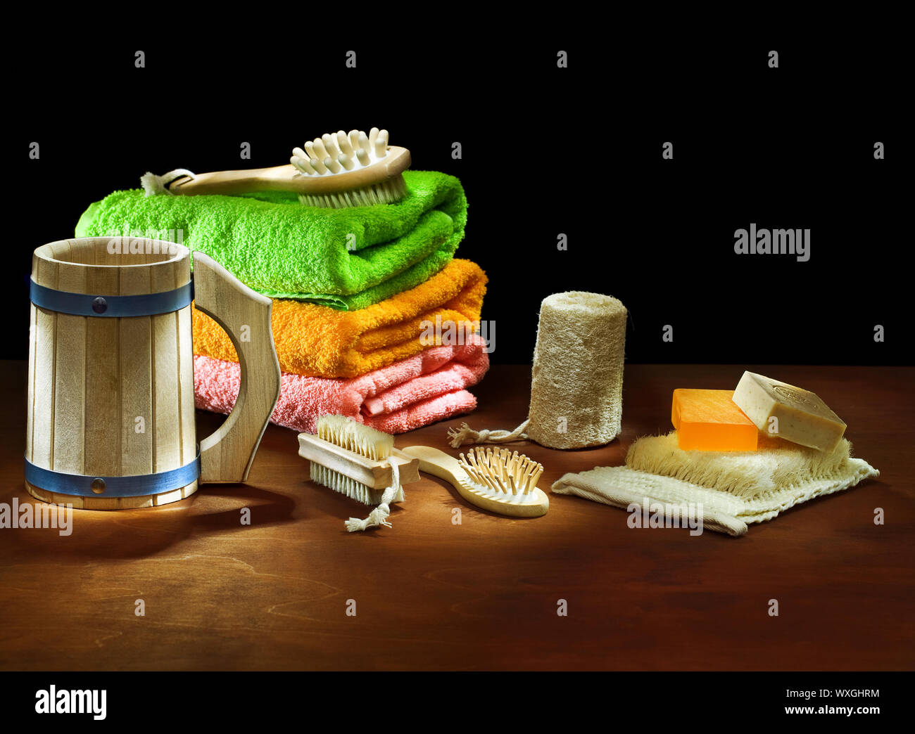 dark set of bathing accessories Stock Photo - Alamy