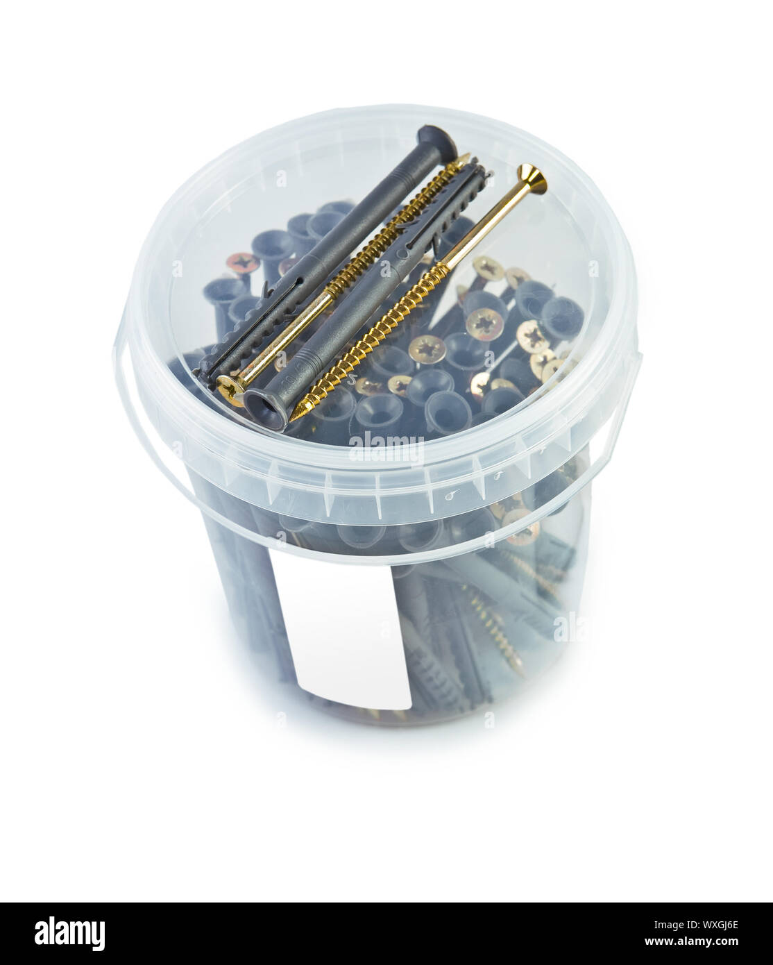 Bucket of screws label Stock Photo - Alamy