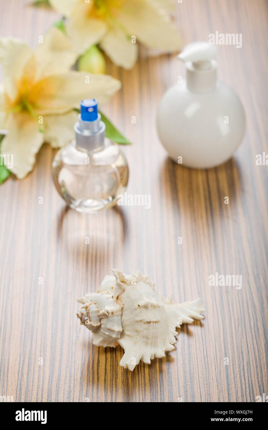 cockle shell flower and bottles Stock Photo - Alamy