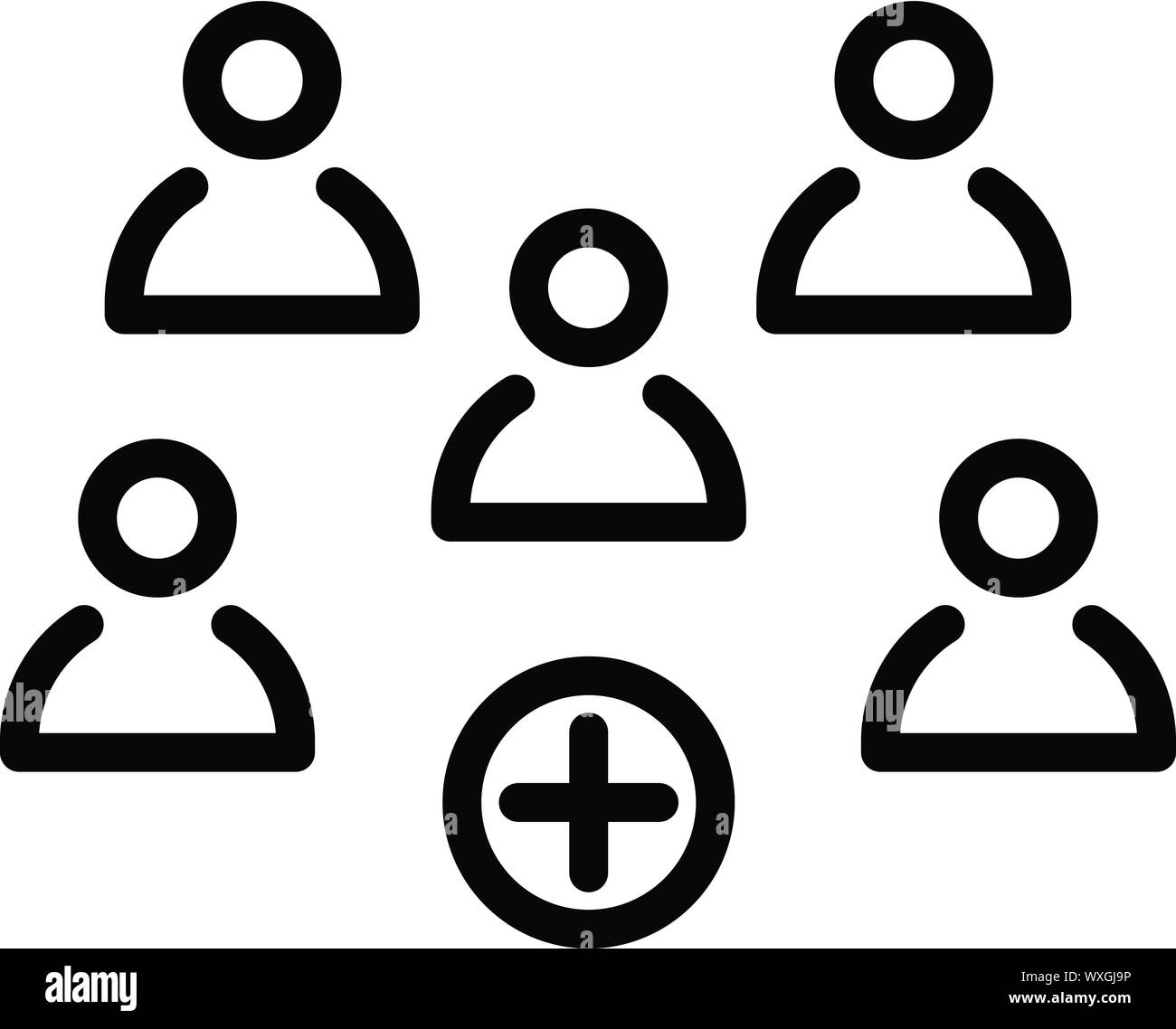 Five persons and a plus sign icon. Outline five persons and a plus sign ...