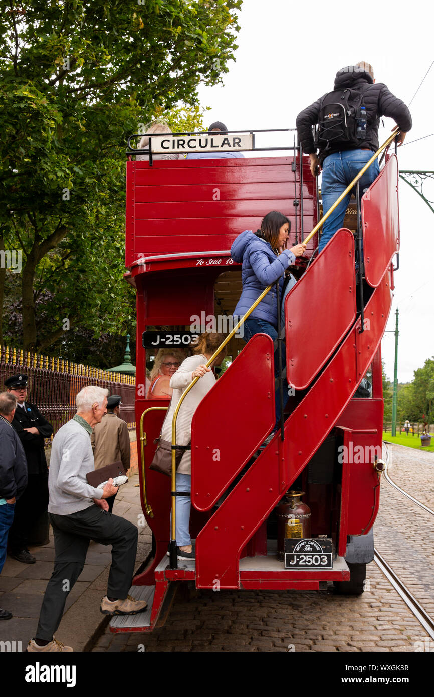 UK, County Durham, Beamish, Museum, Town, passengers boarding replica ...
