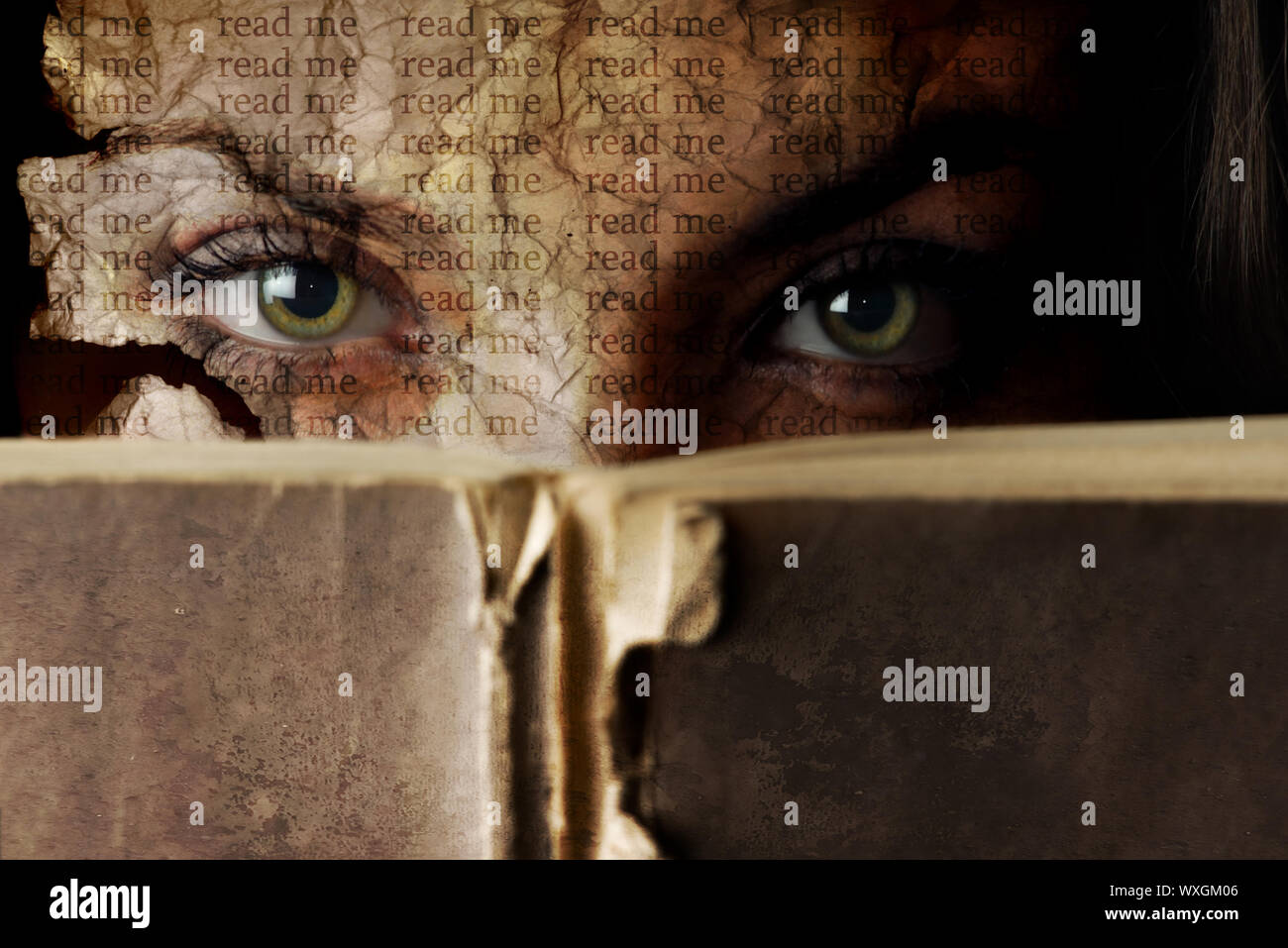 Woman face like a torn paper with old Bible book Stock Photo - Alamy