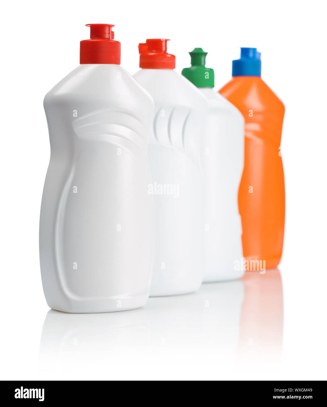row of cleaning bottles Stock Photo - Alamy