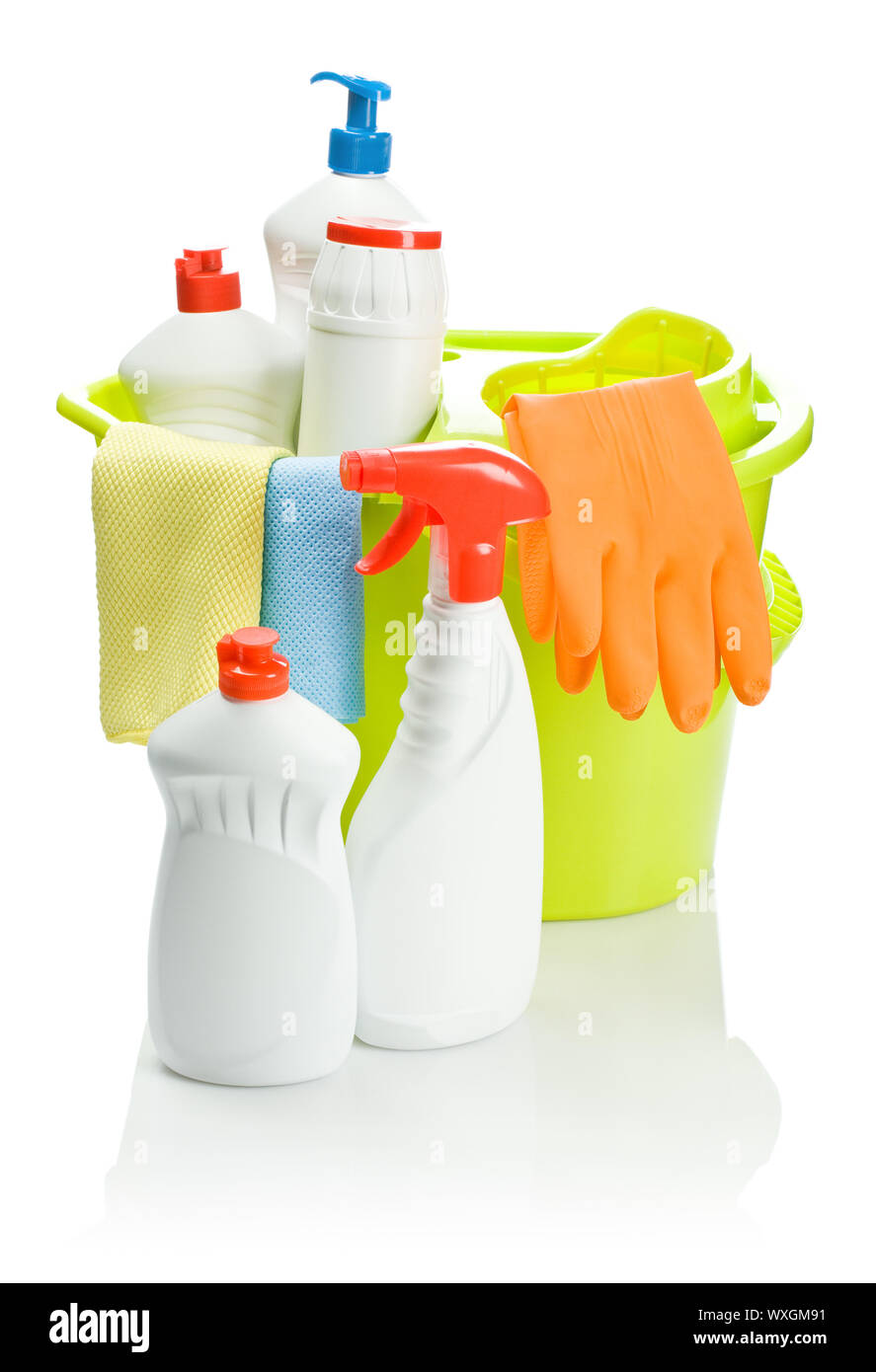 colored cleaning objects in bucket Stock Photo - Alamy
