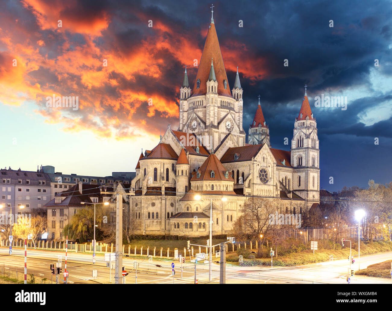 St. Francis of Assisi Church in Vienna, Austria at night Stock Photo ...