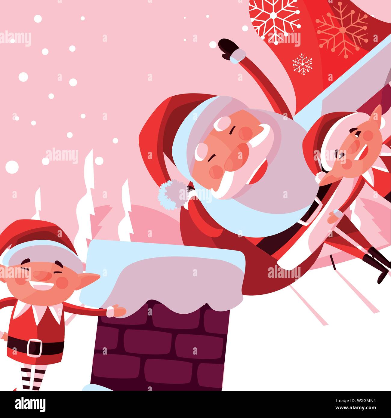 Santa claus and christmas elf over pink background, vector illustration ...