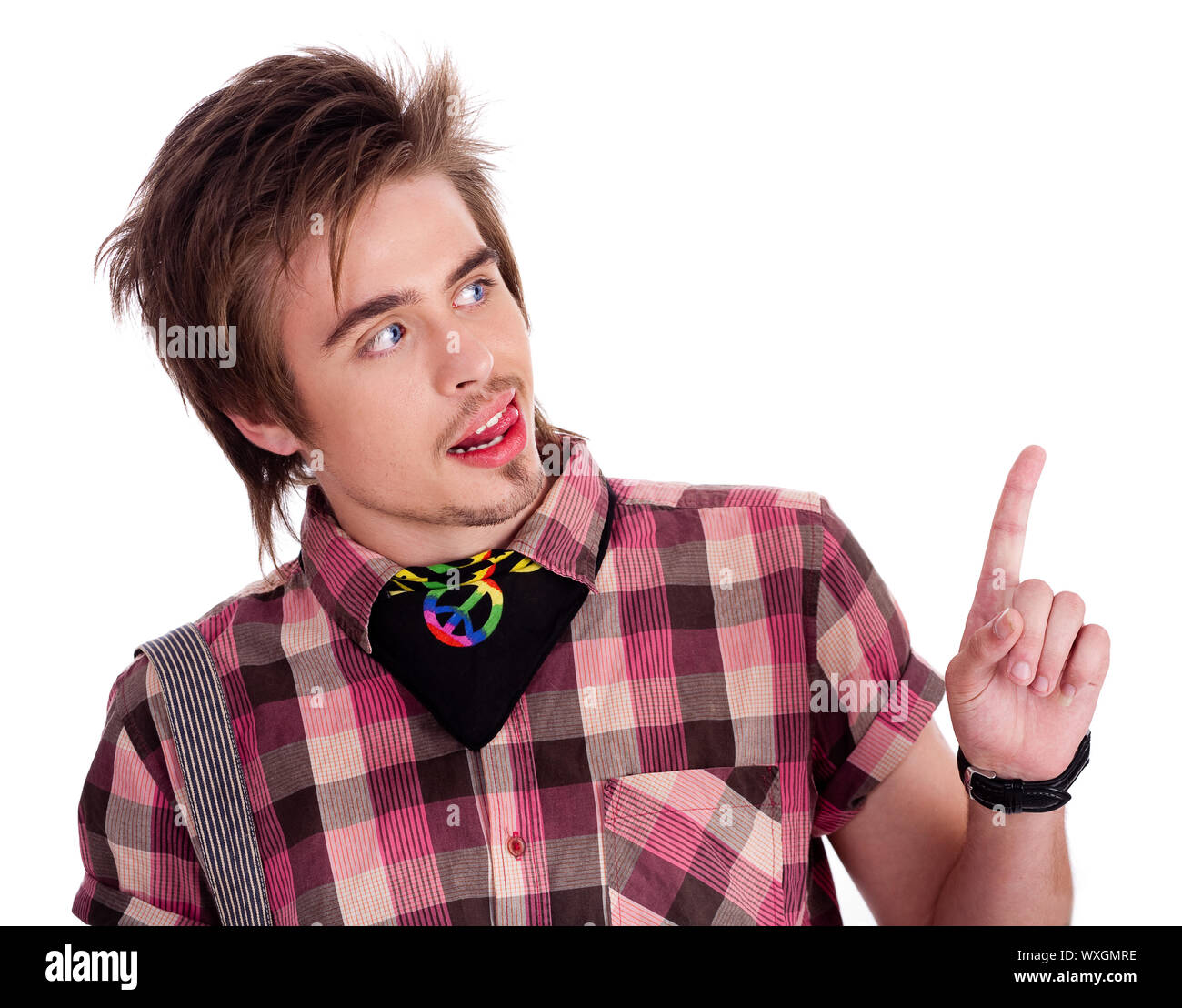 Trendy boy pointing his finger in the left Stock Photo - Alamy
