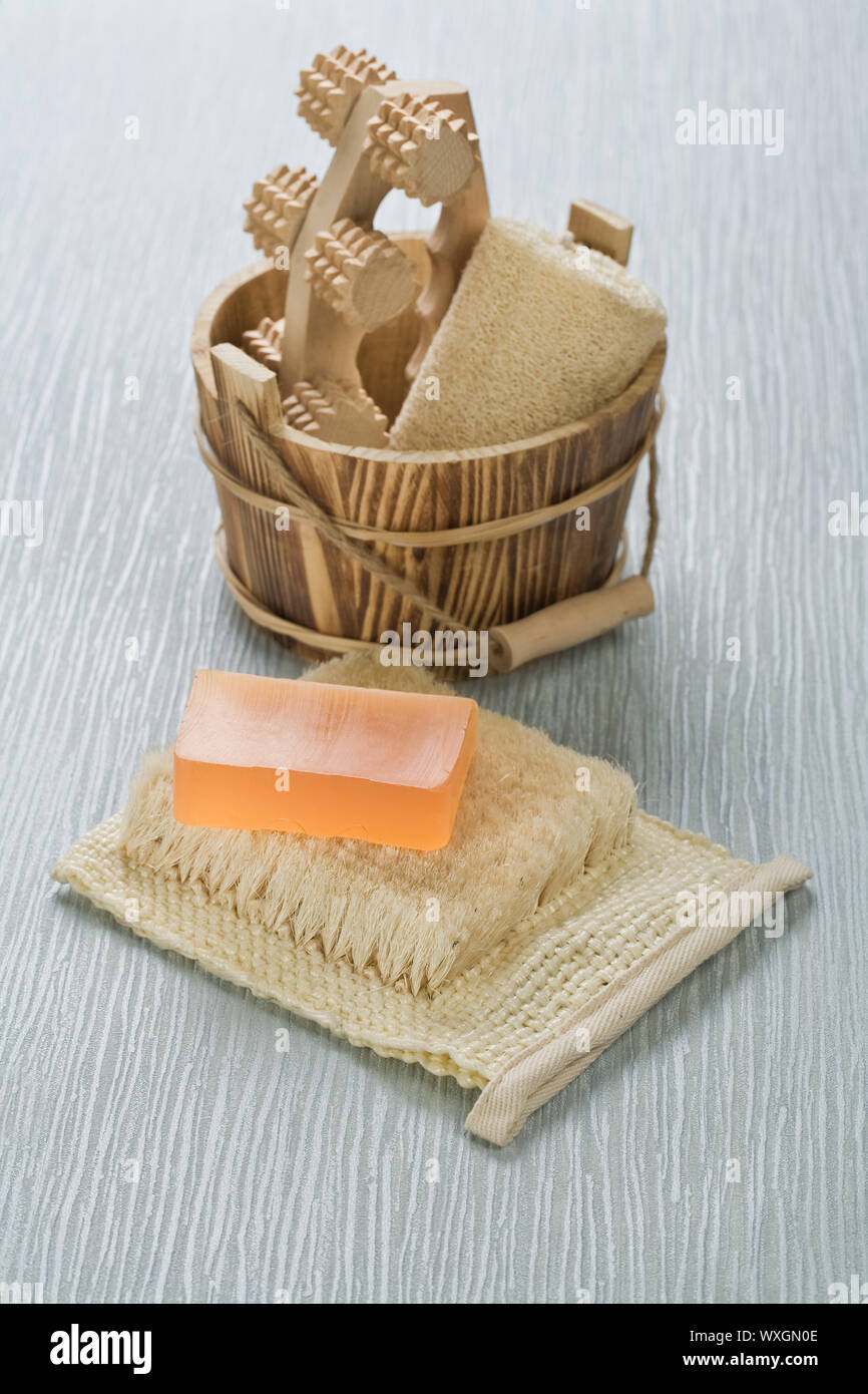 set for bathing on blue background Stock Photo - Alamy
