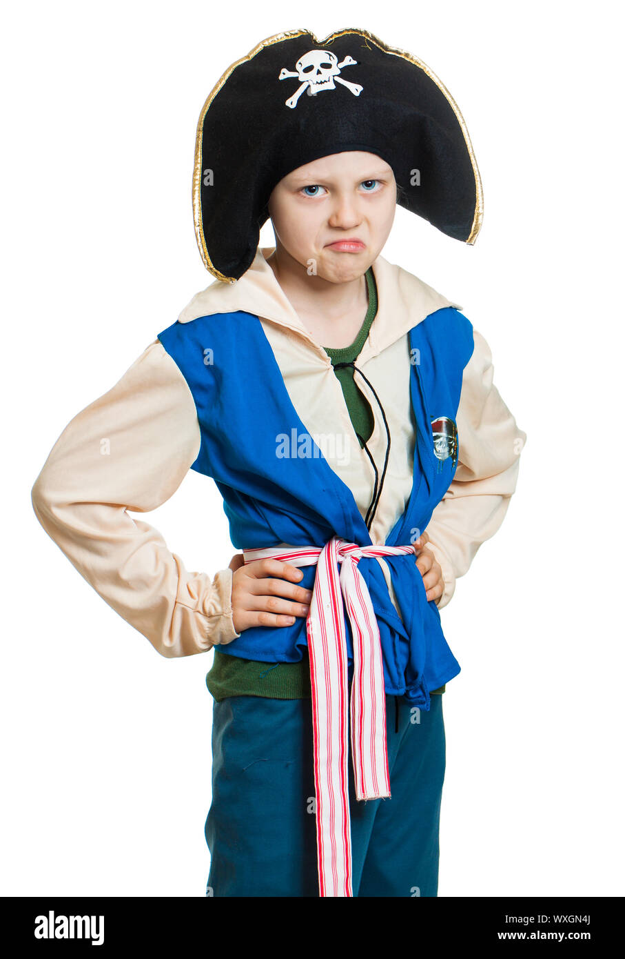 A boy pretending to be a grumpy pirate. Isolated on white Stock Photo ...