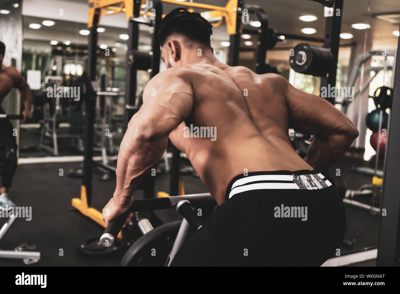 Muscular men exercising with weights. He is performing T bar rows for ...