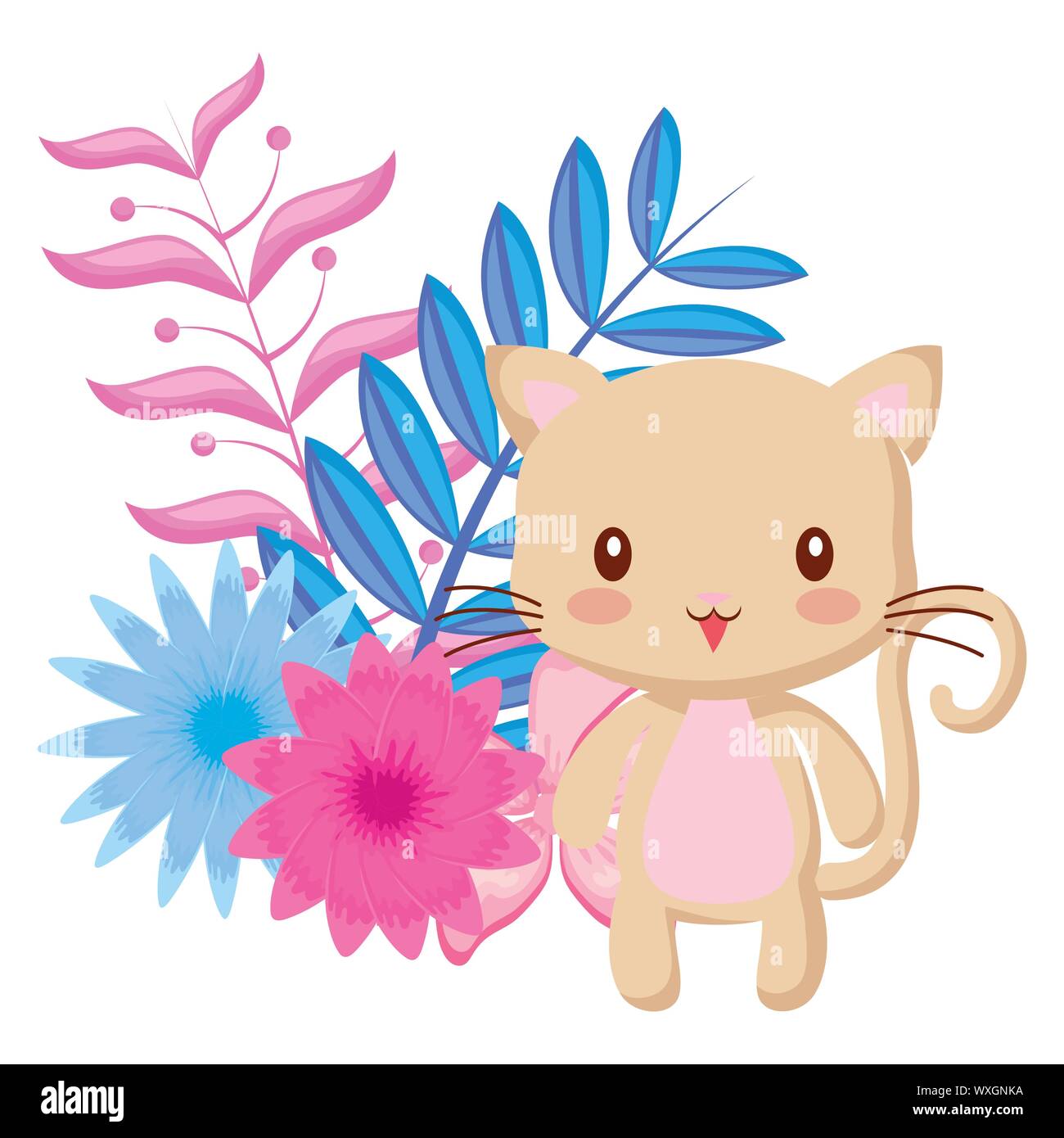 cute cat over tropical leaves background, colorful design, vector ...
