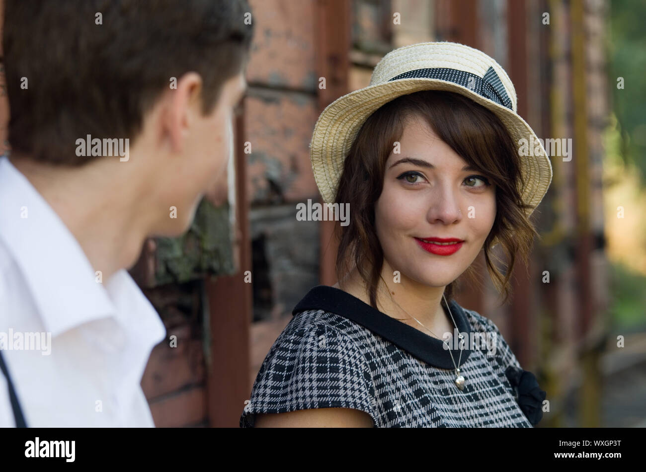 Retro hip hipster romantic love couple in vintage train setting Stock ...