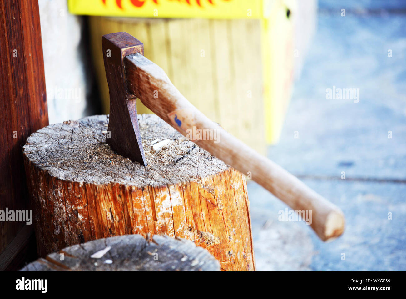 metal axe blade in wood Stock Photo - Alamy