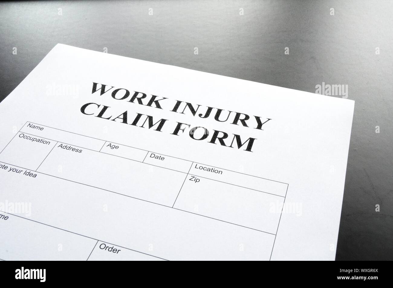 work injury claim form showing business insurance concept Stock Photo ...