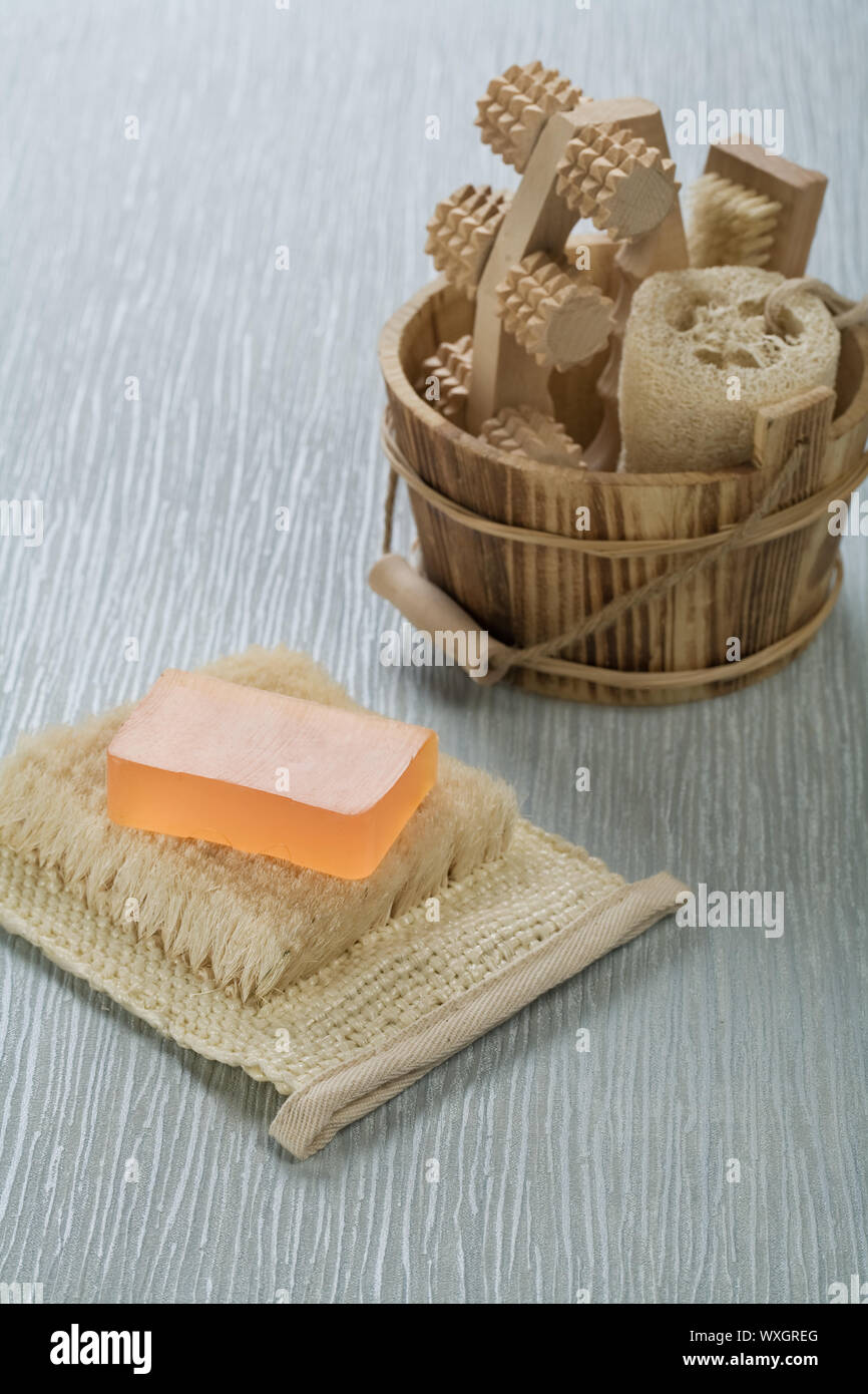soap on bast with wooden bucket Stock Photo - Alamy