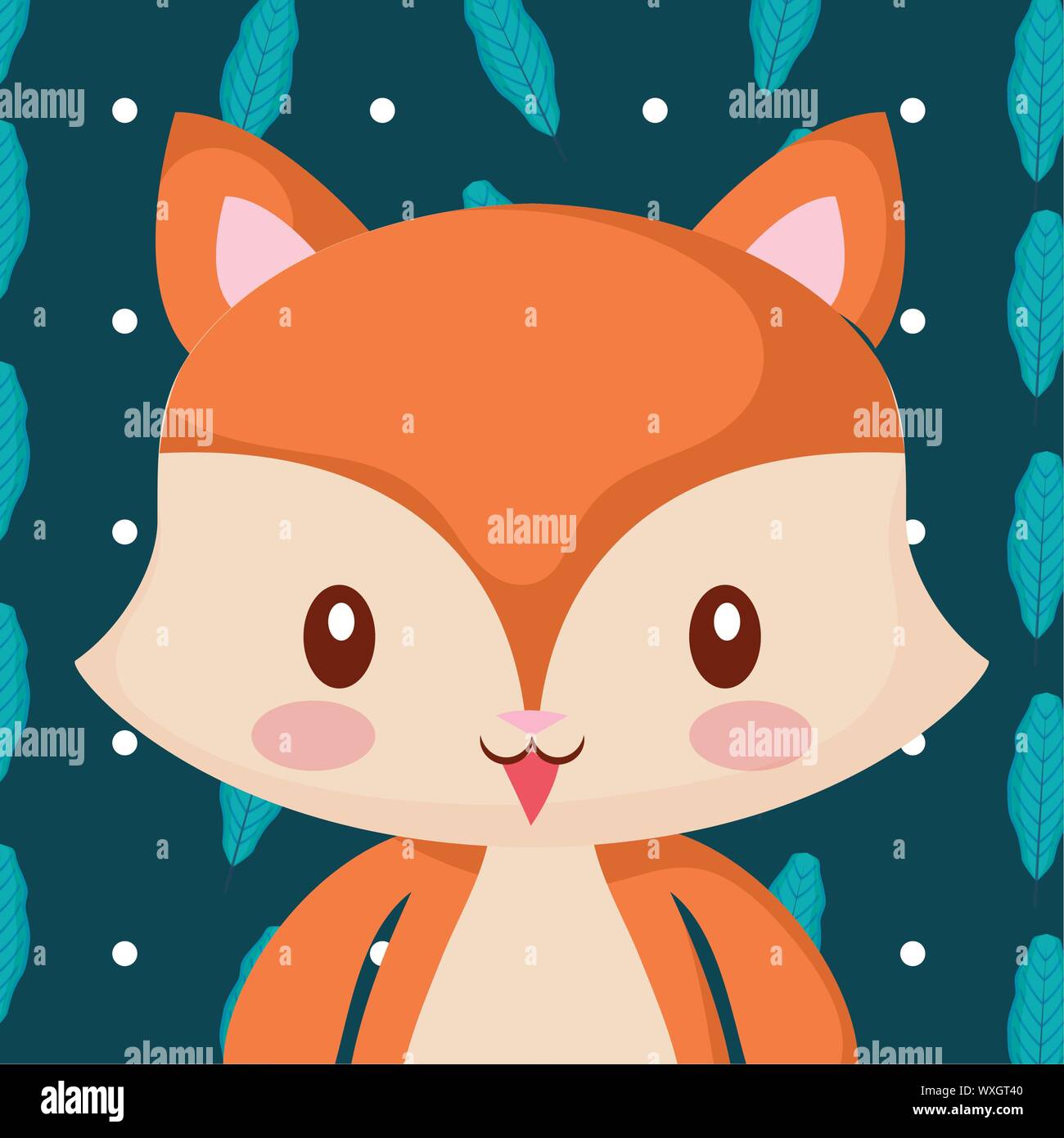 cute fox over tropical leaves background, colorful design, vector ...