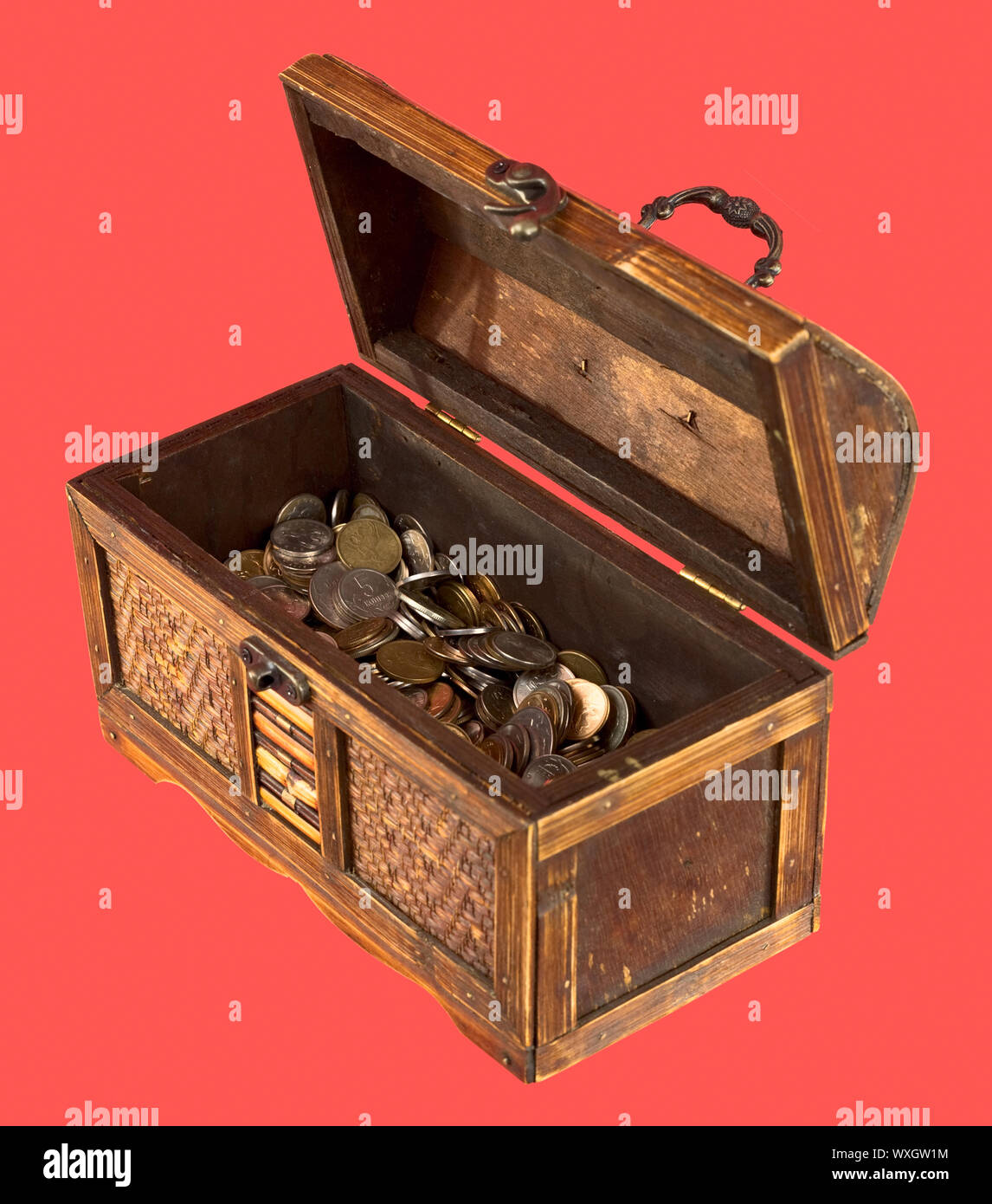 Wooden opening ancient chest with coins on red Stock Photo - Alamy