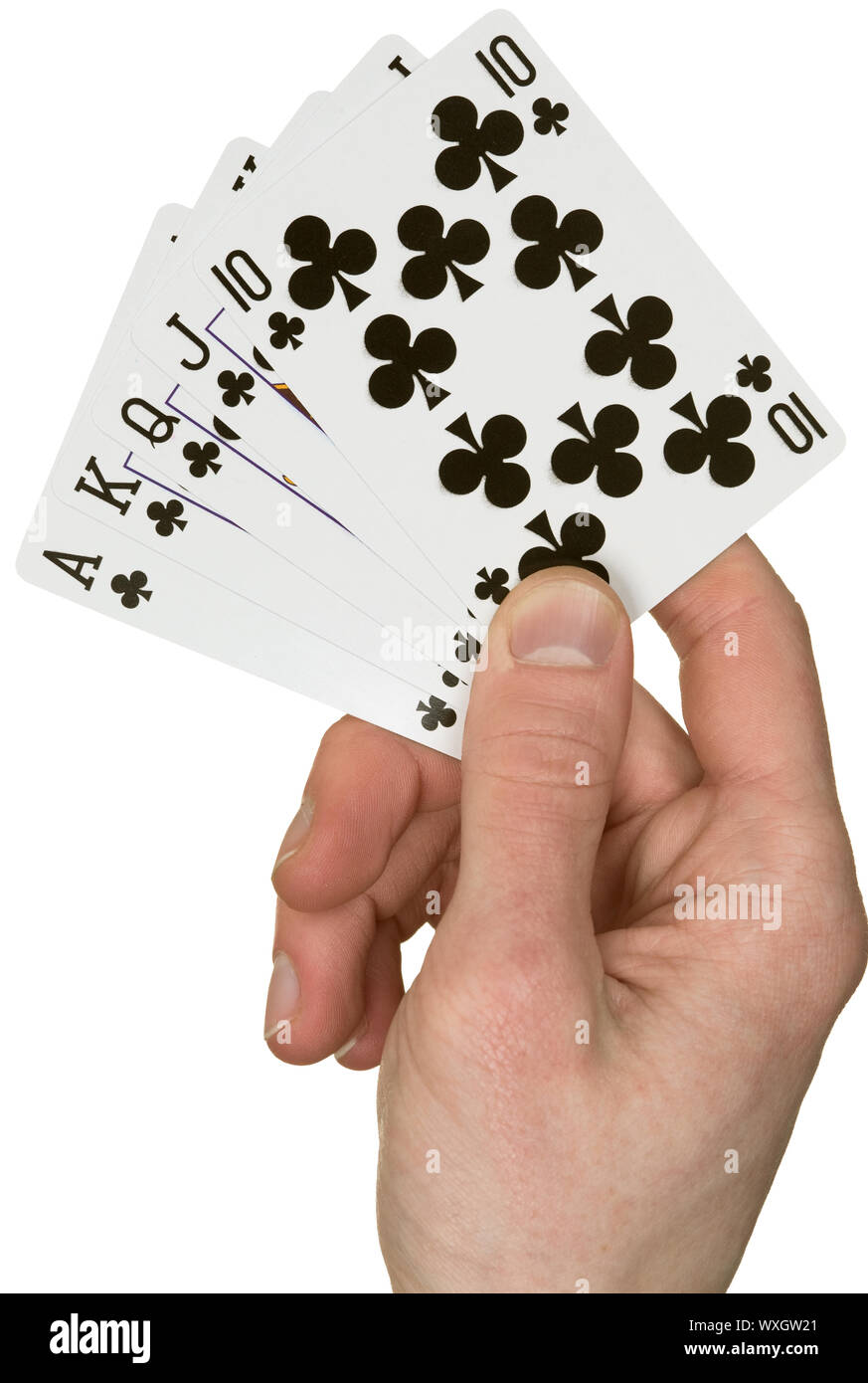 Playing cards single suit in hand on white Stock Photo - Alamy