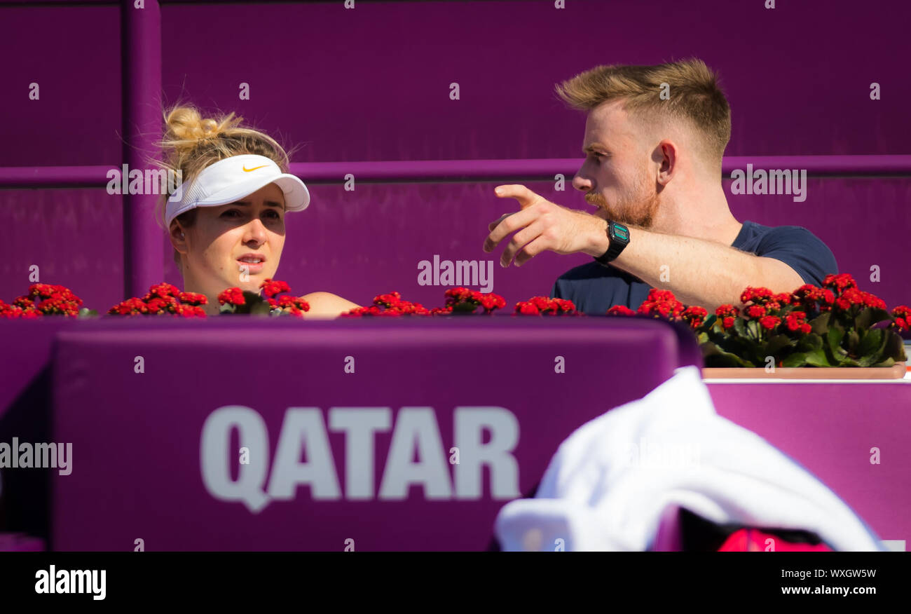 Elina Svitolina of the Ukraine talks to coach Andrew Bettles at the ...