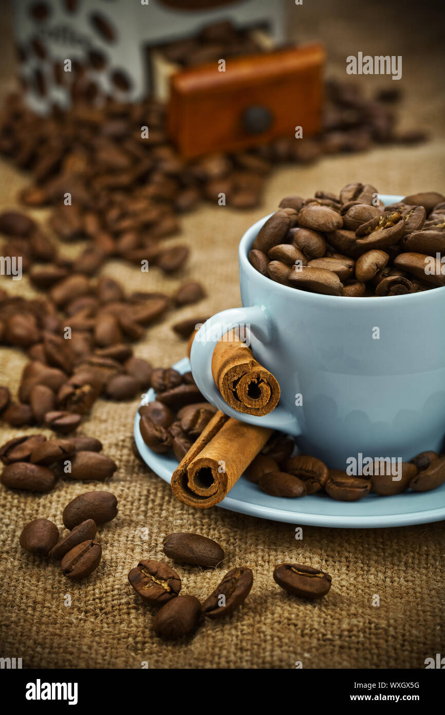 composition of coffee beans and cup Stock Photo - Alamy