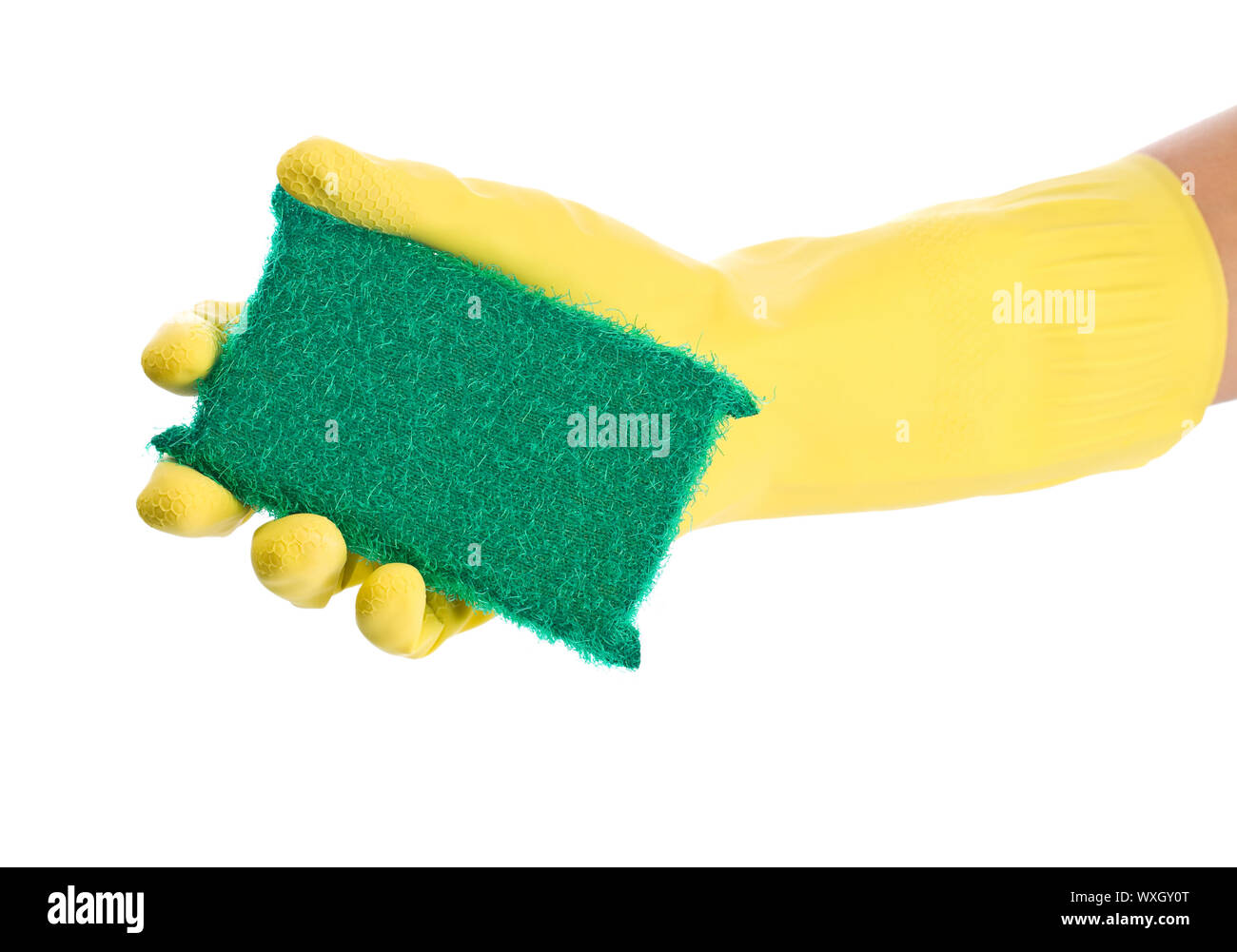 hand in yellow glove with sponge Stock Photo - Alamy