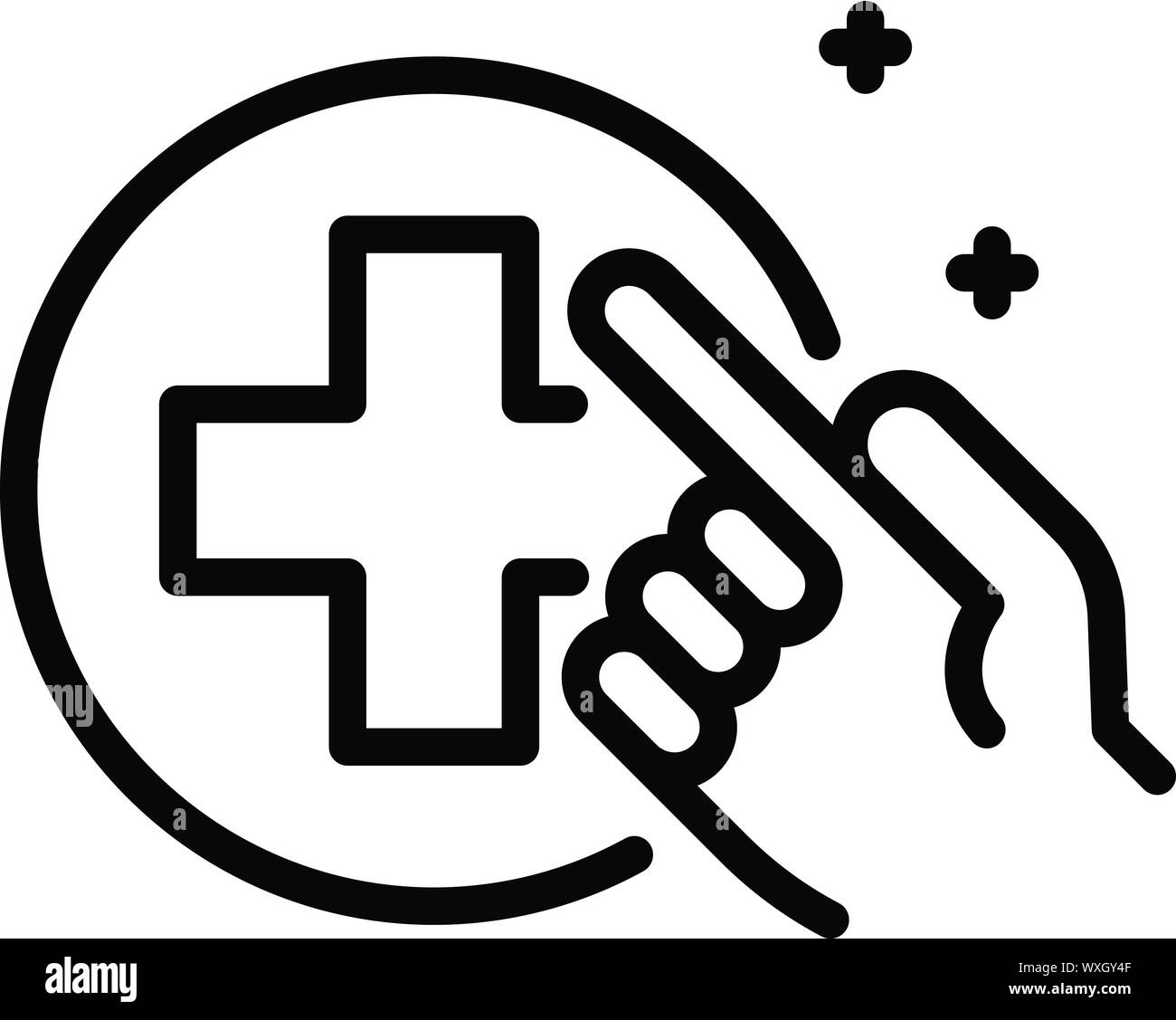 Hand and medical cross icon. Outline hand and medical cross vector icon ...