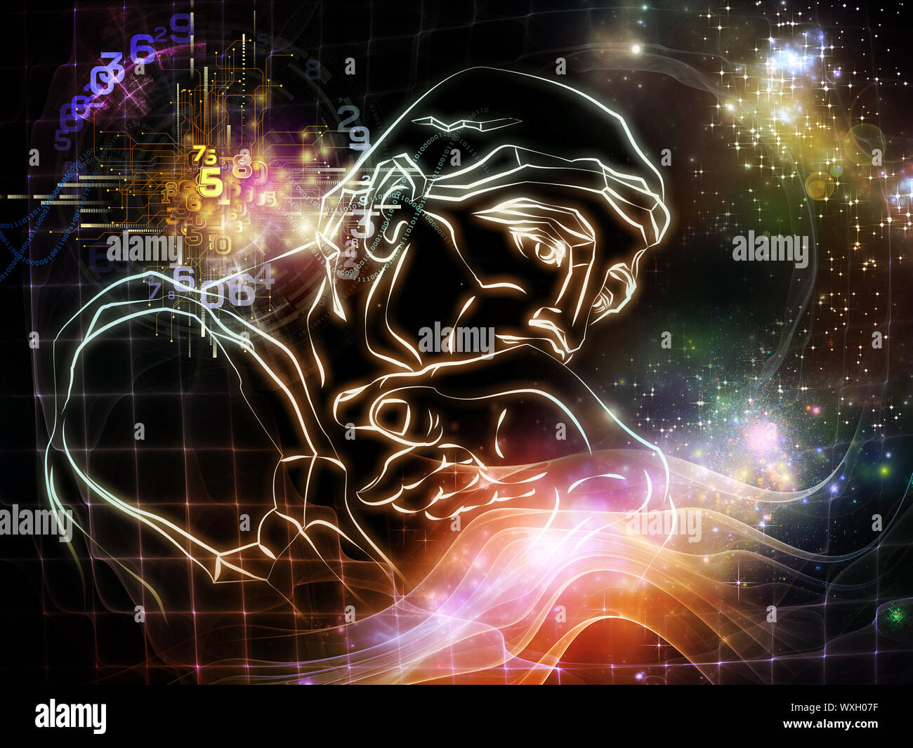 Inner Colors series. Background design of sketch of Rodin's Thinker and ...