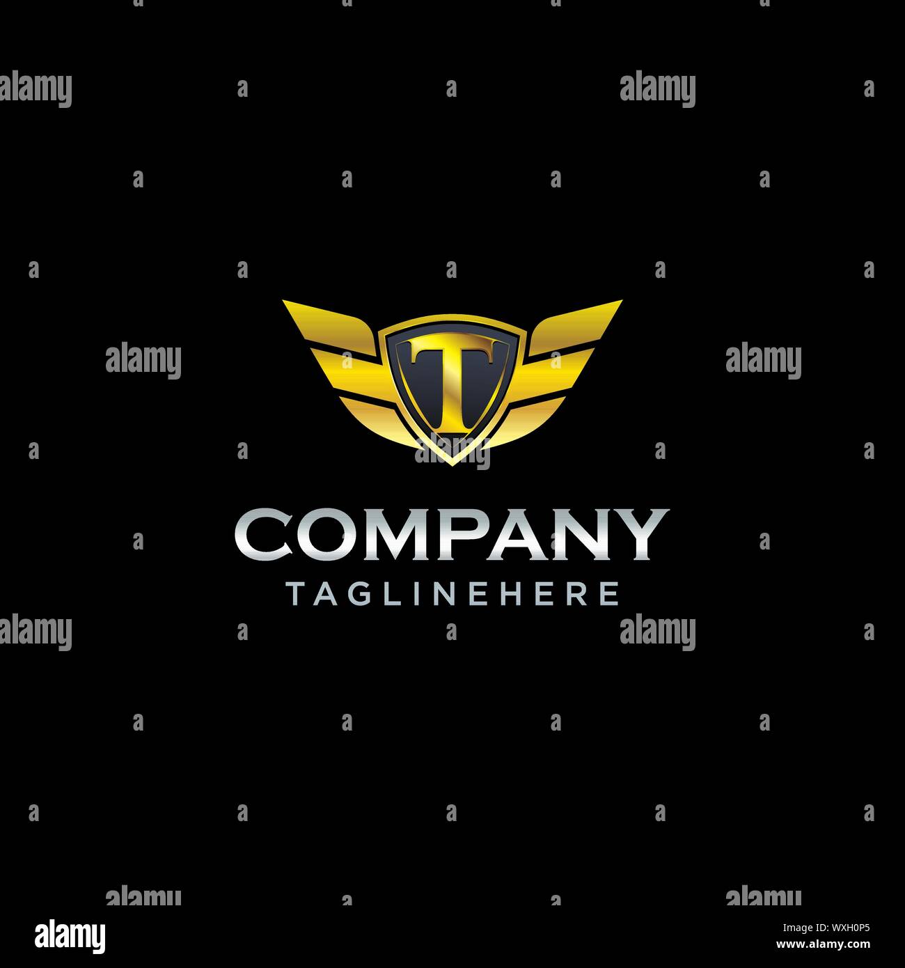 letter T shield with wings gold color logo design concept template ...