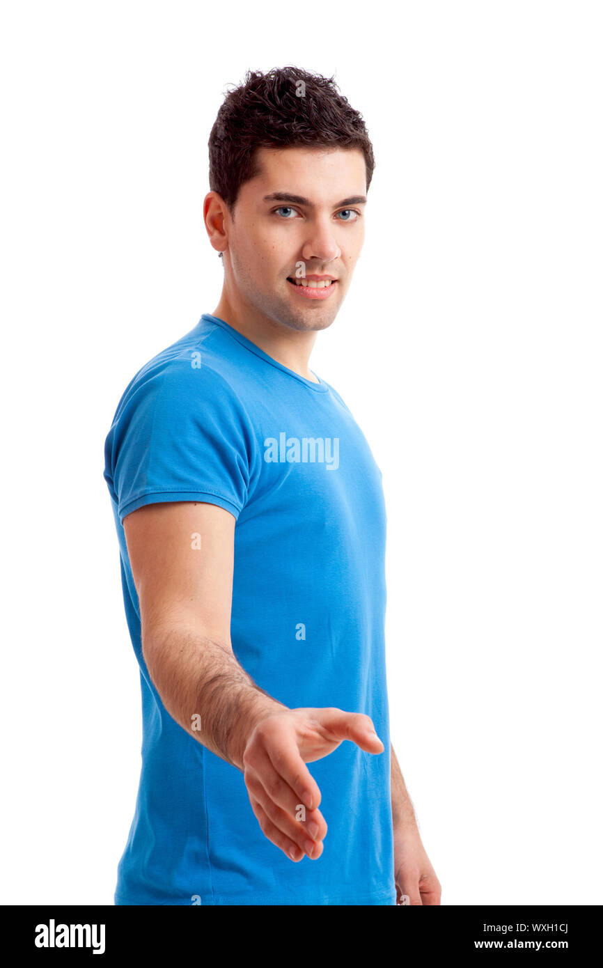 Casual young man giving a handshake, isolated on white Stock Photo - Alamy