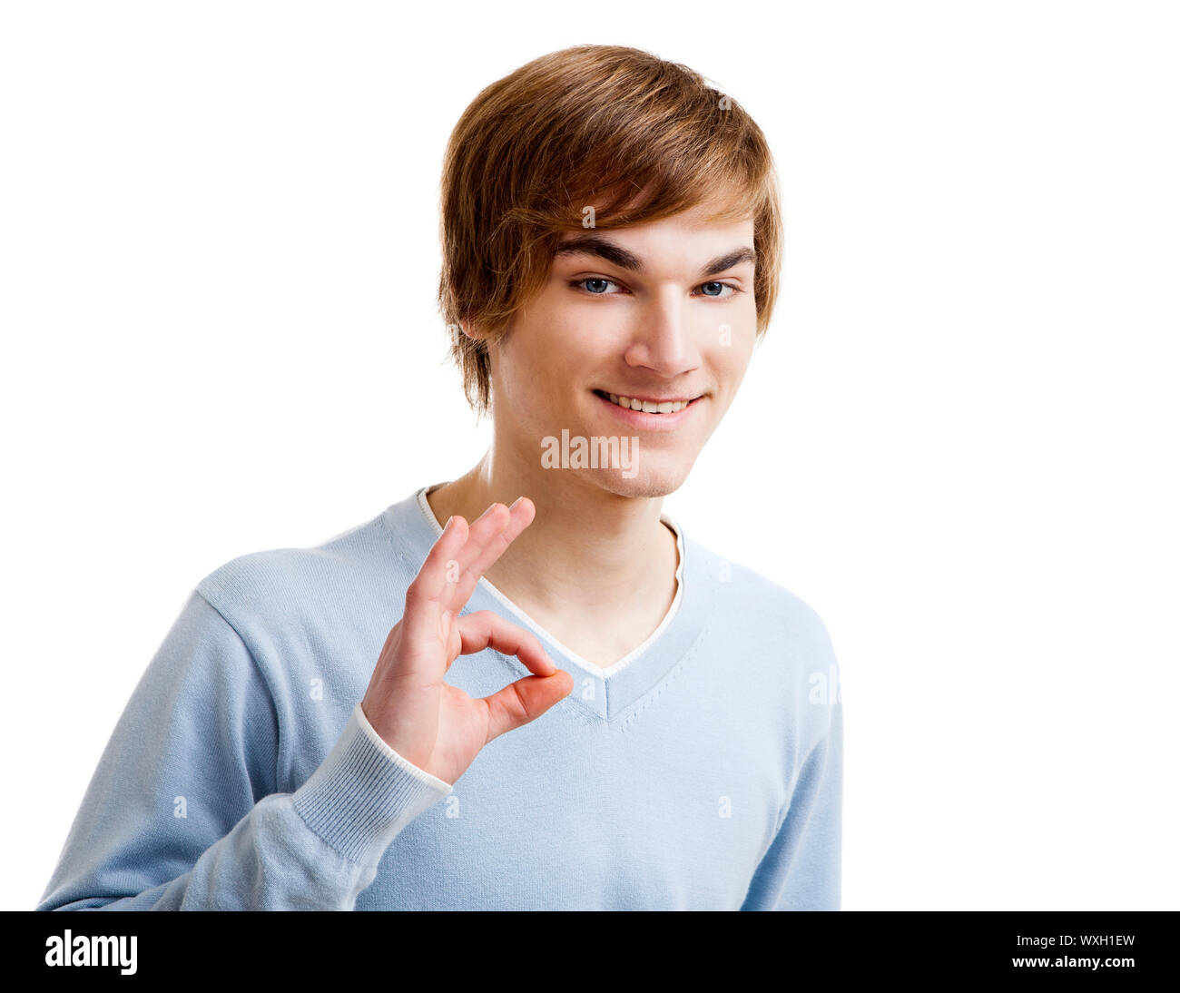 Portrait of a handsome young man doing a Okay gesture, isolated over a ...