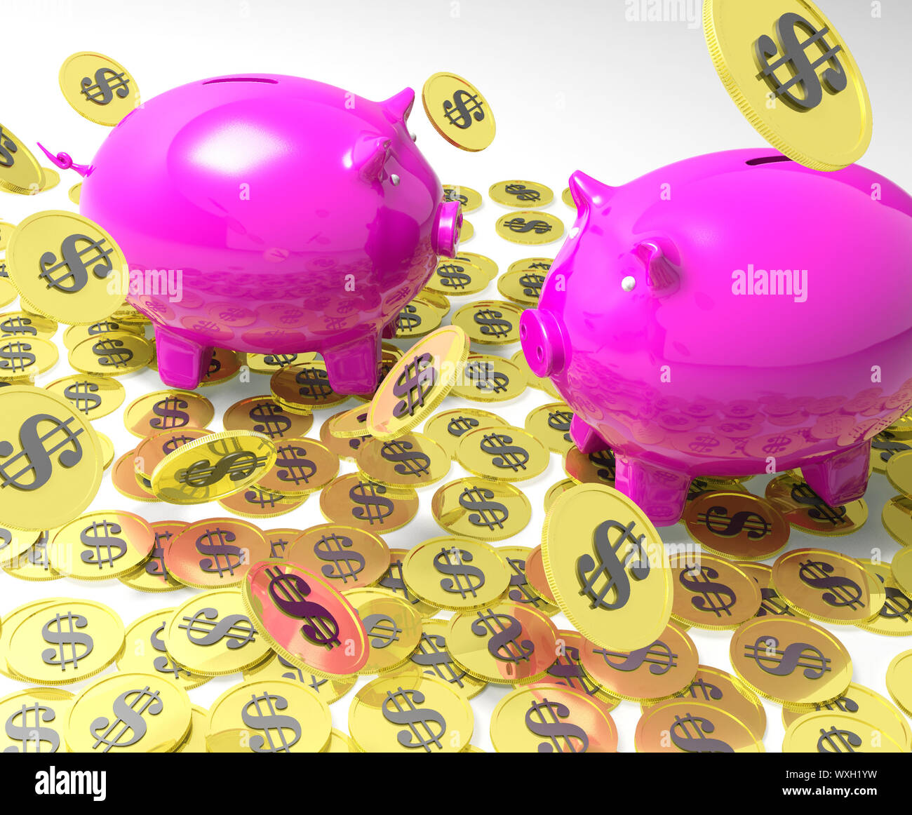 Piggybanks On Coins Showing American Banking Or Deposits Stock Photo ...