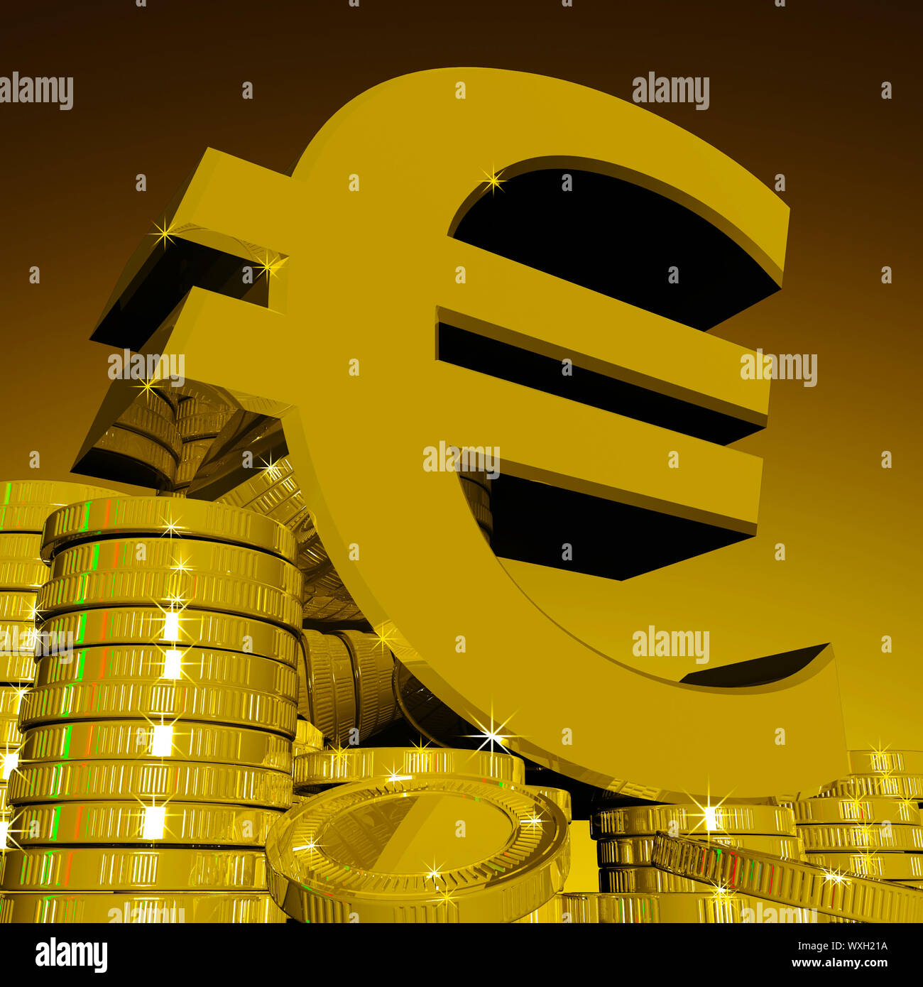 Euro Symbol On Coins Showing European Wealth And Fortune Stock Photo ...
