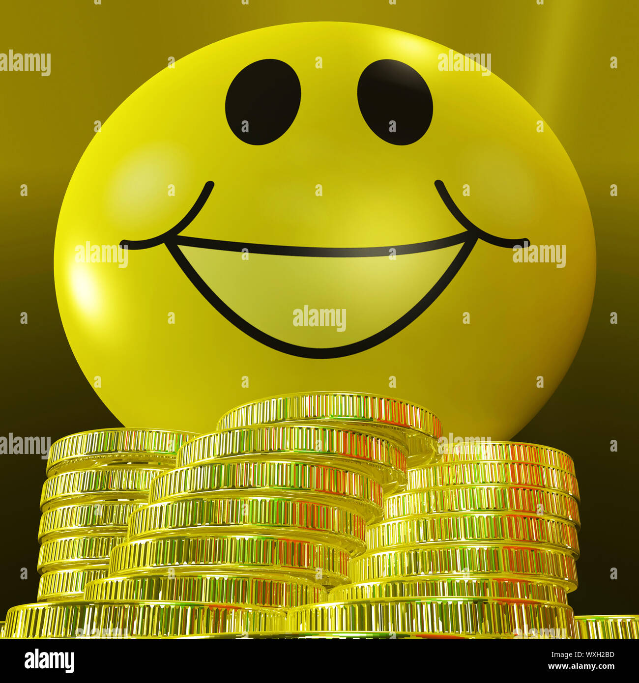 Smiley Face With Coins Showing Monetary Happiness And Success Stock ...