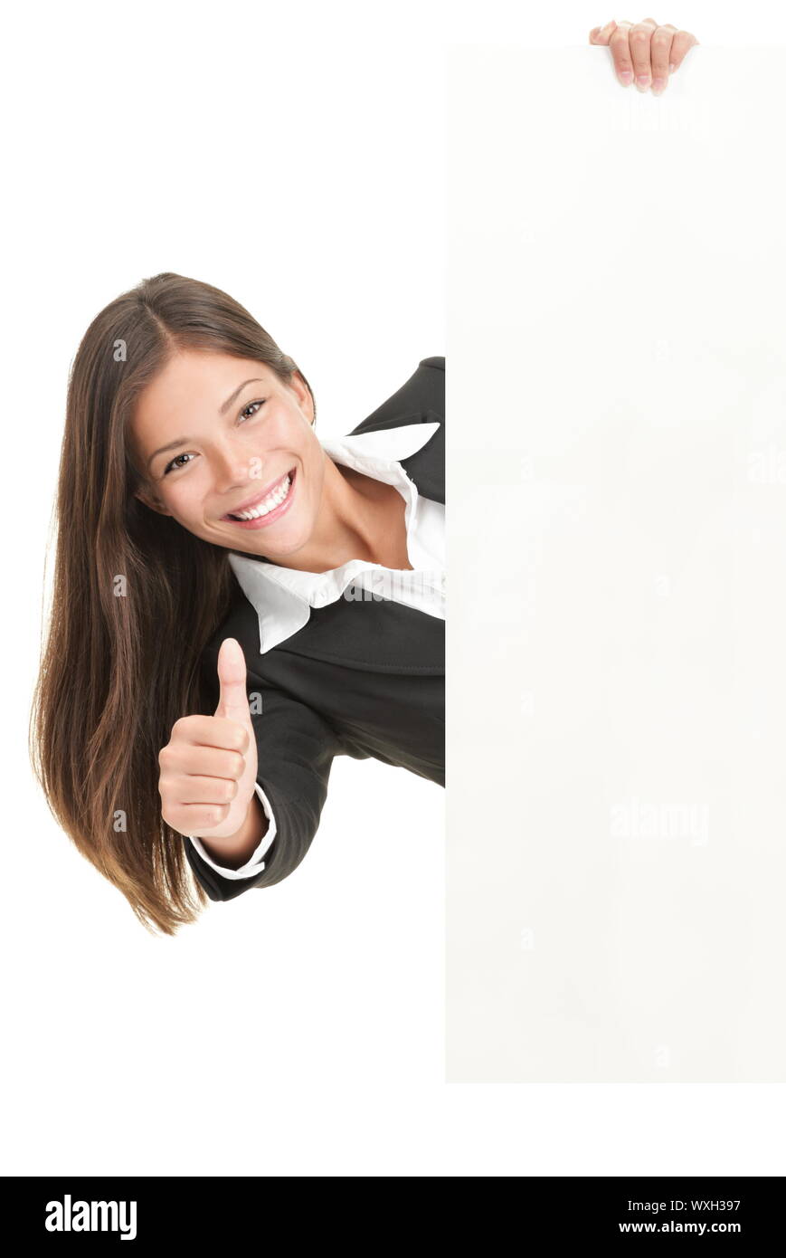 Advertisement woman holding sign. Businesswoman in suit giving the ...