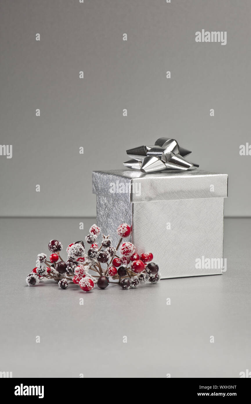 Silver present in Christmas setting with red green deco Stock Photo - Alamy