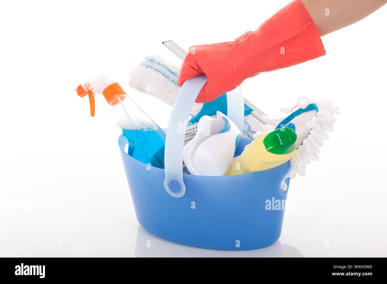 Plastic bucket with cleaning supplies on white background Stock Photo ...