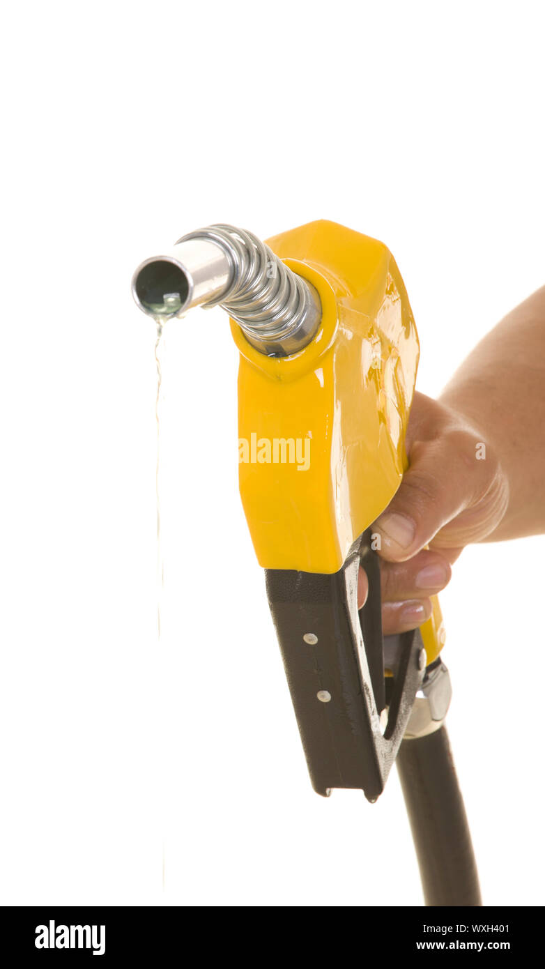 Male hand wasting gas with yellow pump isolated on white Stock Photo ...