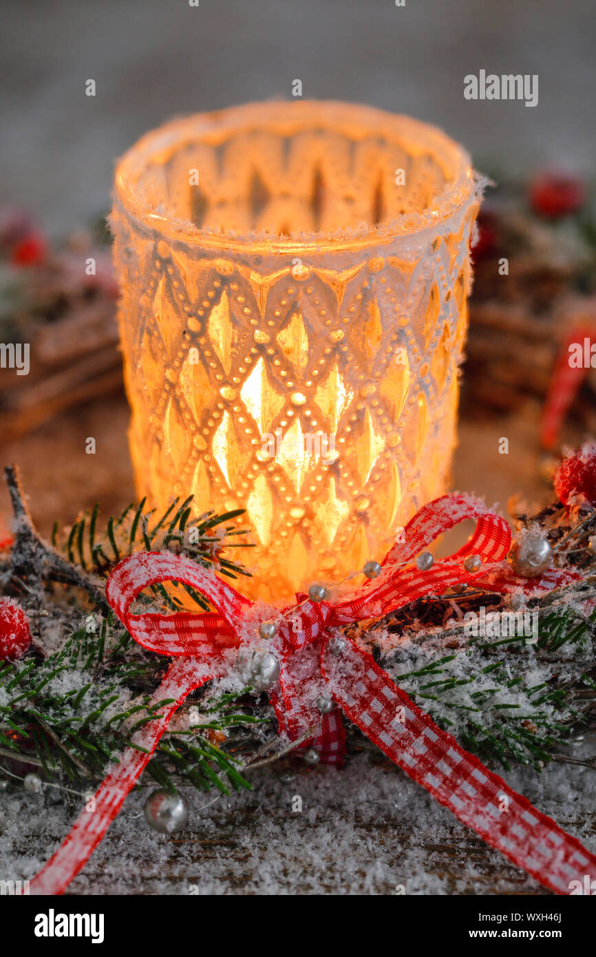 Storm light with Christmas decoration in snow. Switzerland Stock Photo ...